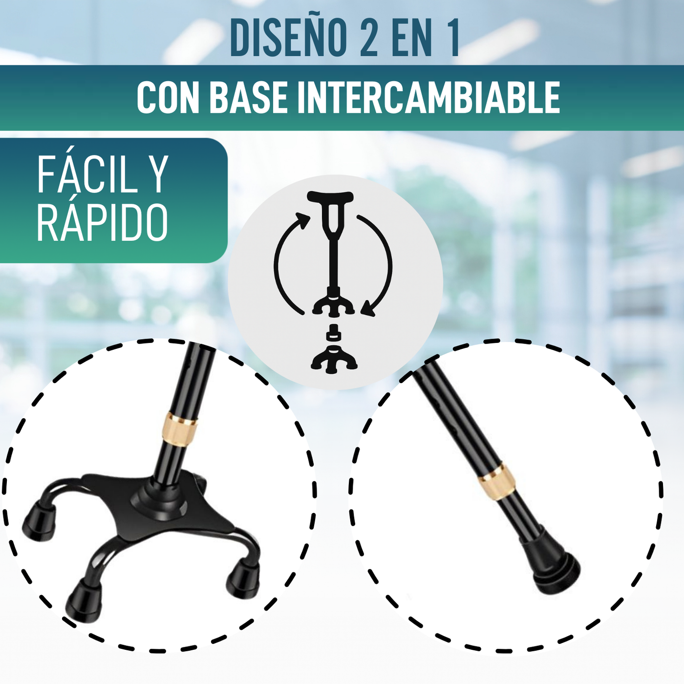 Bastón Cuadrípode 4 patas Regulable | Con Contera Convertible — OrtoPrime