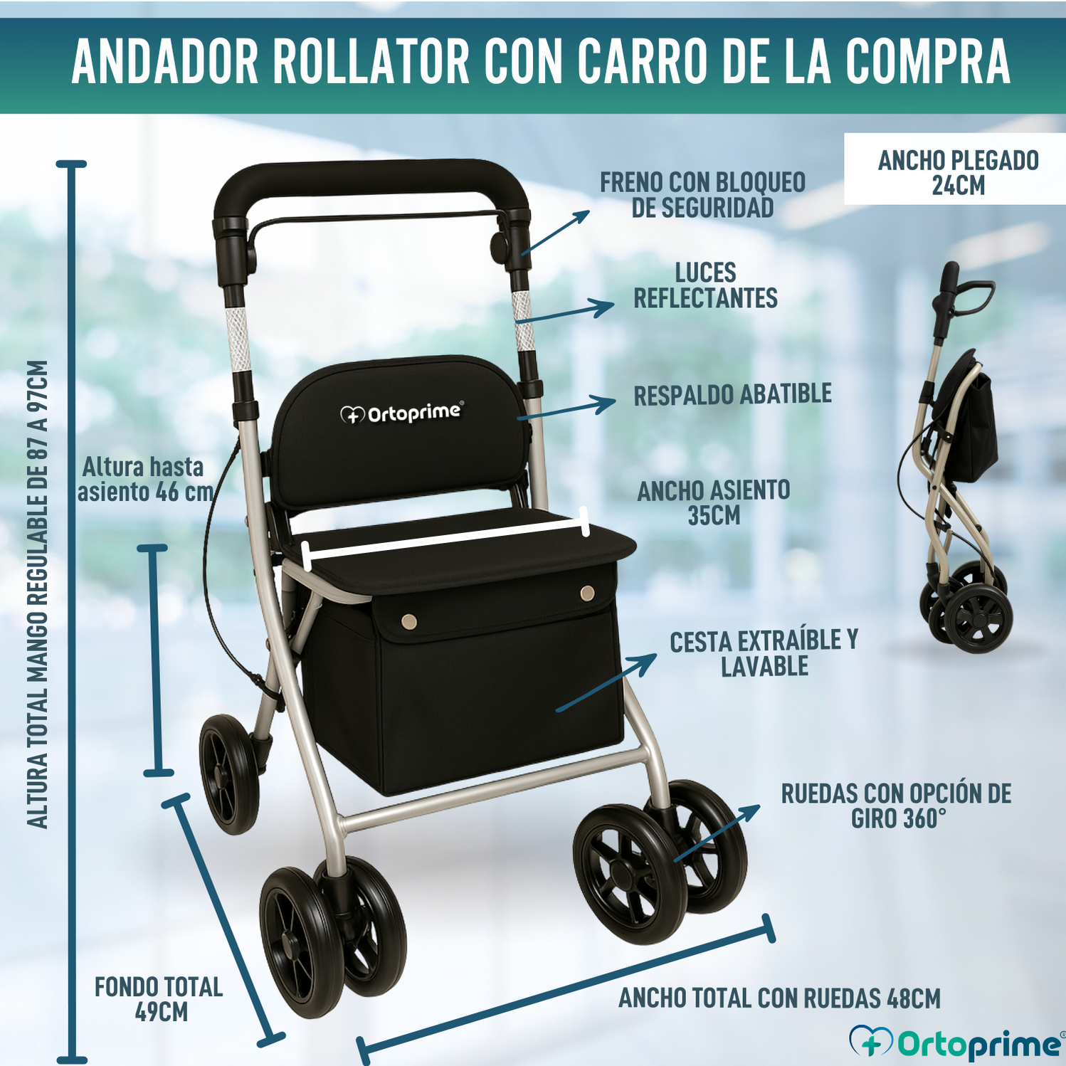 Andador Adultos Plegable Rollator con Carro de la Compra — OrtoPrime