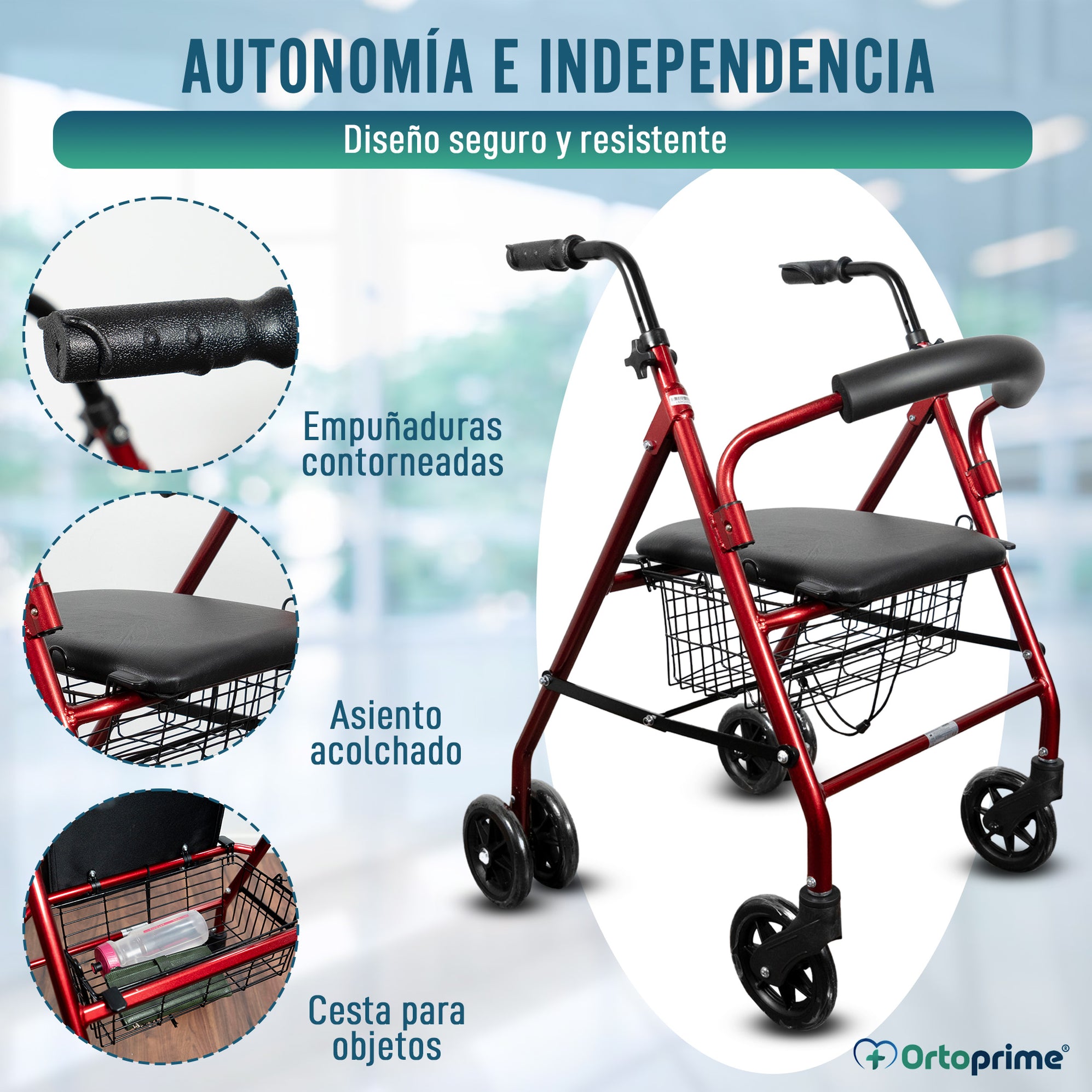 Andador Plegable Rollator Cuatro Ruedas con Freno — OrtoPrime