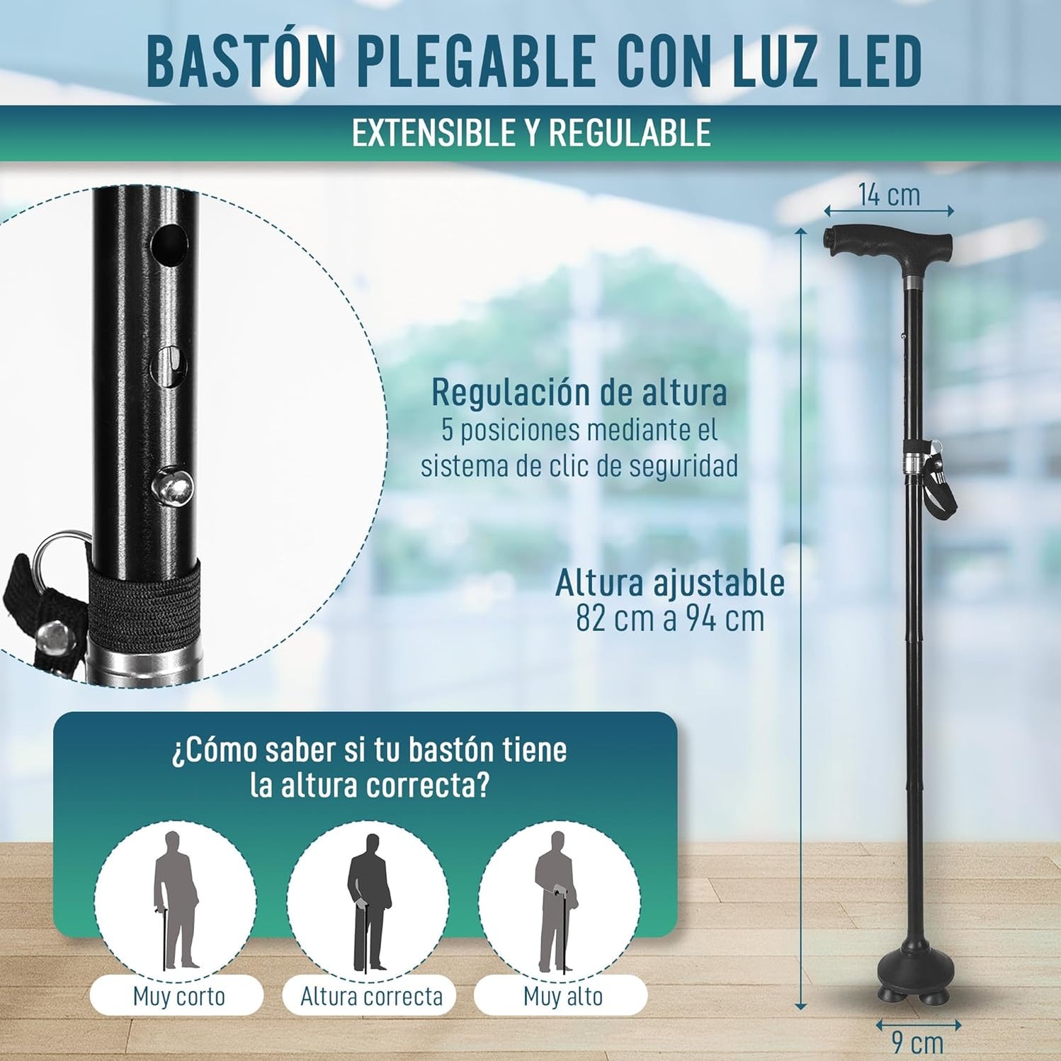 Bastón Plegable para Mayores Extensible con Luz LED — OrtoPrime