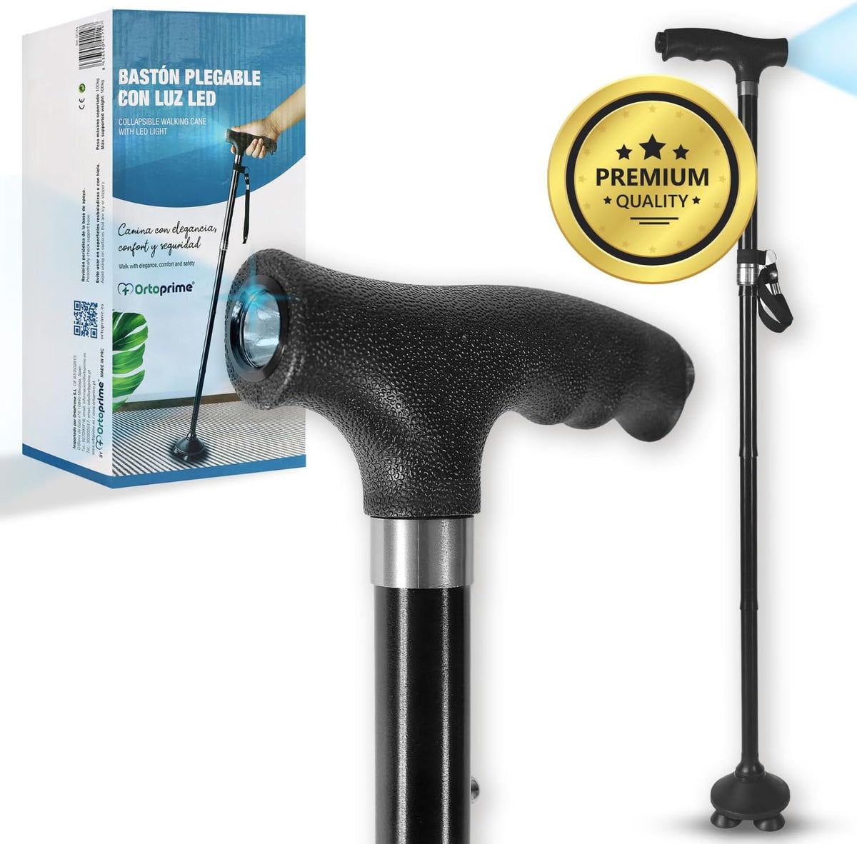 Bastón Plegable para Mayores Extensible con Luz LED — OrtoPrime