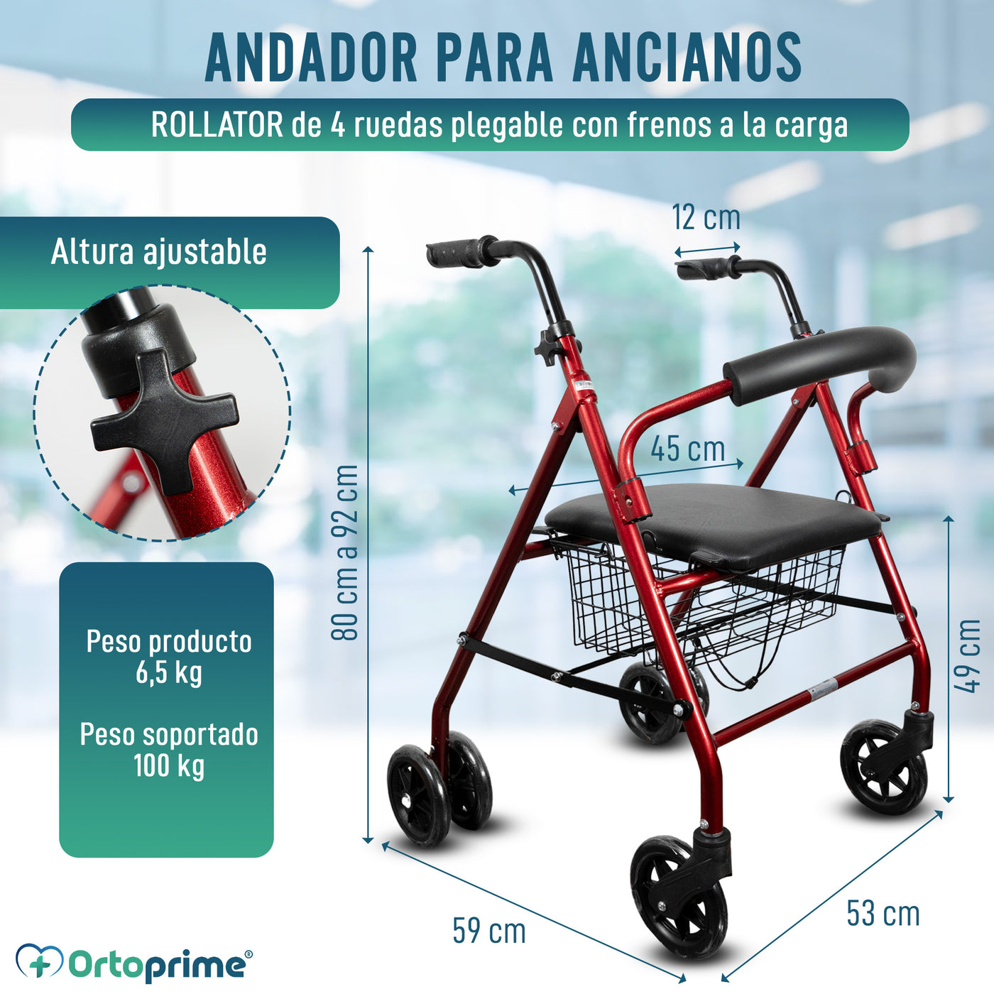 Andador Plegable Rollator Cuatro Ruedas con Freno — OrtoPrime